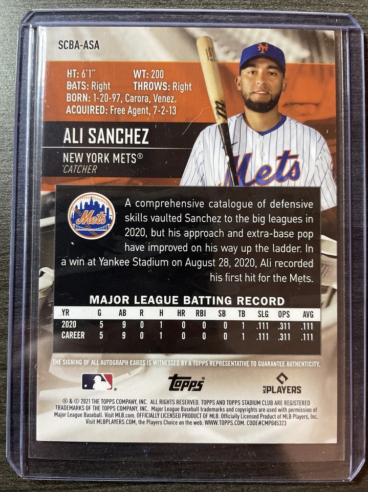 2021 Topps Stadium Club Ali Sanchez RC #SCBA-ASA Rookie Auto Mets | eBay