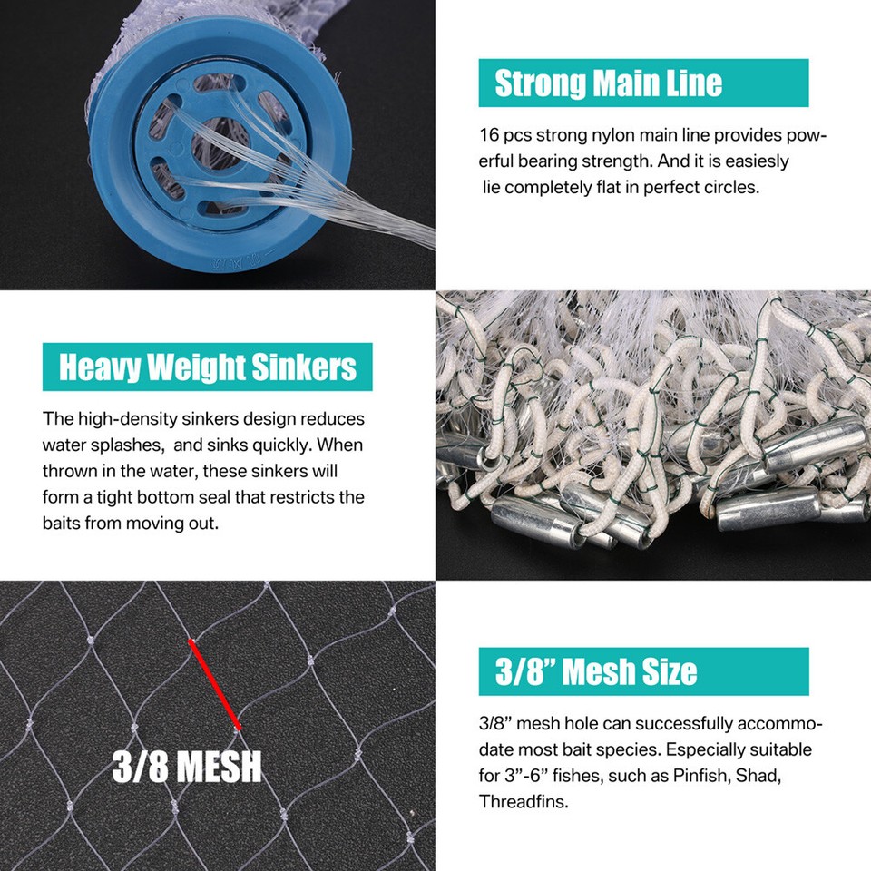 8/10/12/14/16FT Fishing Cast Net Bait Easy Throw Hand Cast Strong Nylon ...