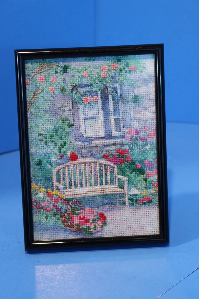 Completed Hand Stitched X Stitch Bench in Rose Garden Signed D. K. 7"X5 ...