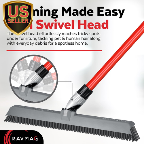 2-In-1 Silicone Rubber Broom Carpet Rake and Squeegee - Swivel Pet Hair ...