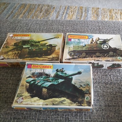 3 x Matchbox 1/76 Tank Model Kits - M7 Priest, A34 Mk-1 Comet & Sherman ...