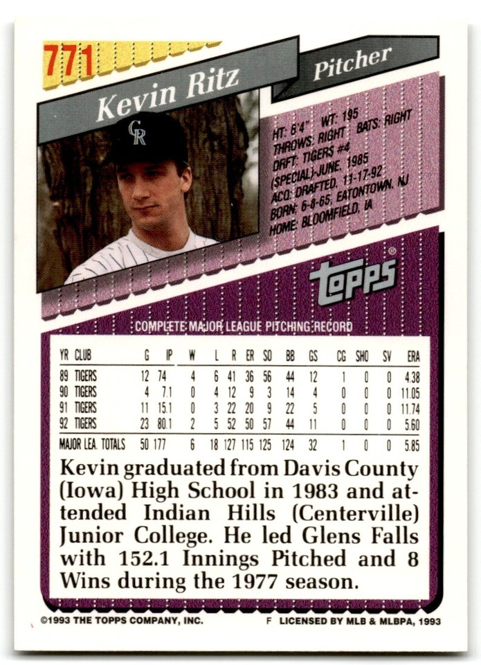 1993 Topps Gold Kevin Ritz Colorado Rockies #771 | eBay