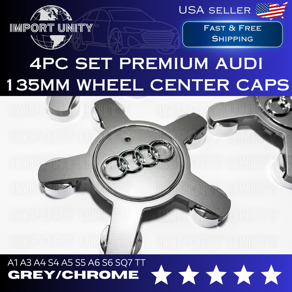 AUDI GREY CHROME 135MM SPYDER WHEEL CENTER CAPS PREMIUM 4PC SET ...