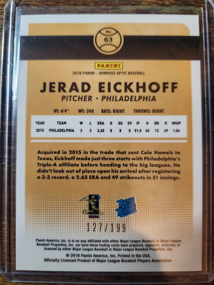 2016 Donruss Optic Jerad Eickhoff Rated Rookie Orange Prizm 127/199 #63 Phillies | eBay
