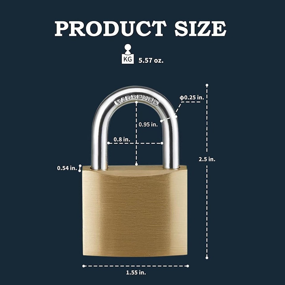 Solid Brass Padlock with Key, Pad Lock 1-1/2 in. Wide Lock Body, Locker ...