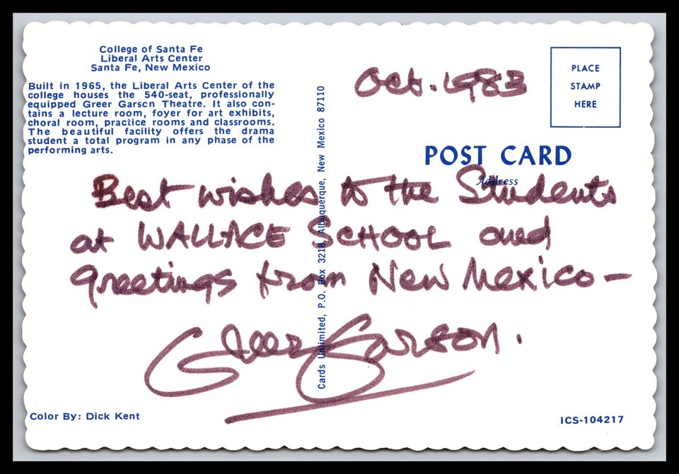 Greer Garson - Actress - 4x6 Post Card - Written Note - Signed ...