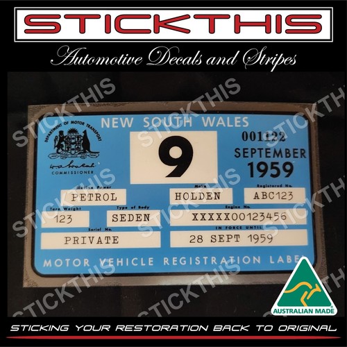 Reproduced Historic NSW Rego Registration Label Decal Sticker 1958 ...