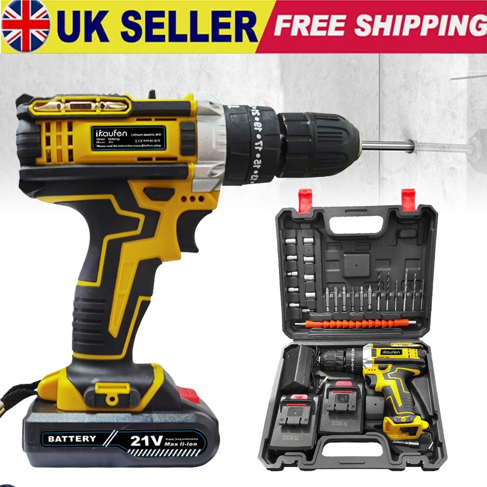 Heavy Duty 21V Cordless Electric Drill Driver Impact Hammer Box Kit+2 ...