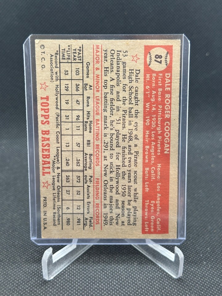 1952 Topps Dale Coogan ( PITTSBURGH PIRATES ) Card #87! NICE! NO ...