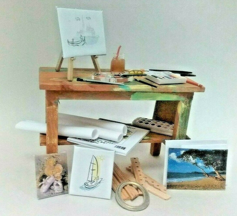 Dollhouse Miniature Artist Studio Table Filled Painting Supplies 1:12 ...