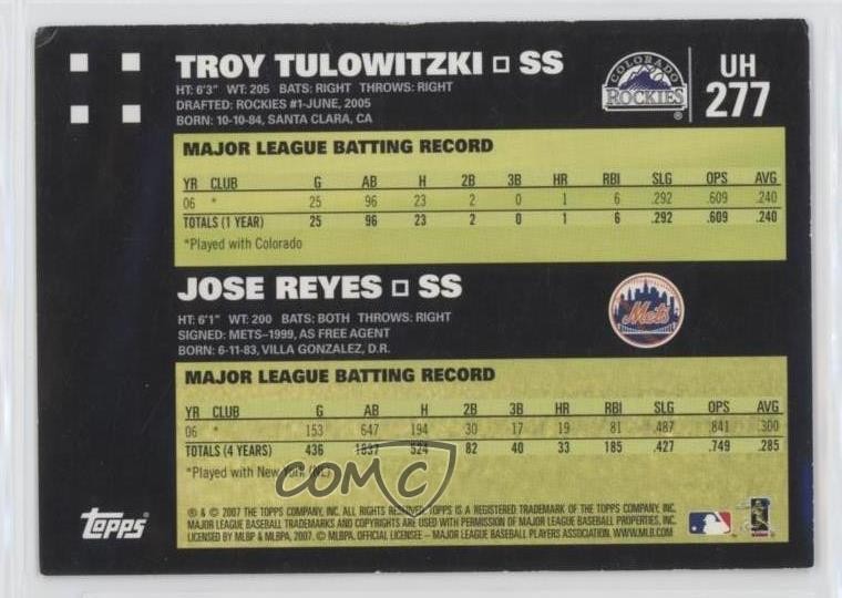 2007 Topps Update Classic Combo Troy Tulowitzki Jose Reyes #UH277 ...
