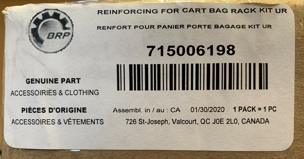 Genuine BRP Part for Can Am, Reinforcing For Cart Bag Rack Kit UR ...