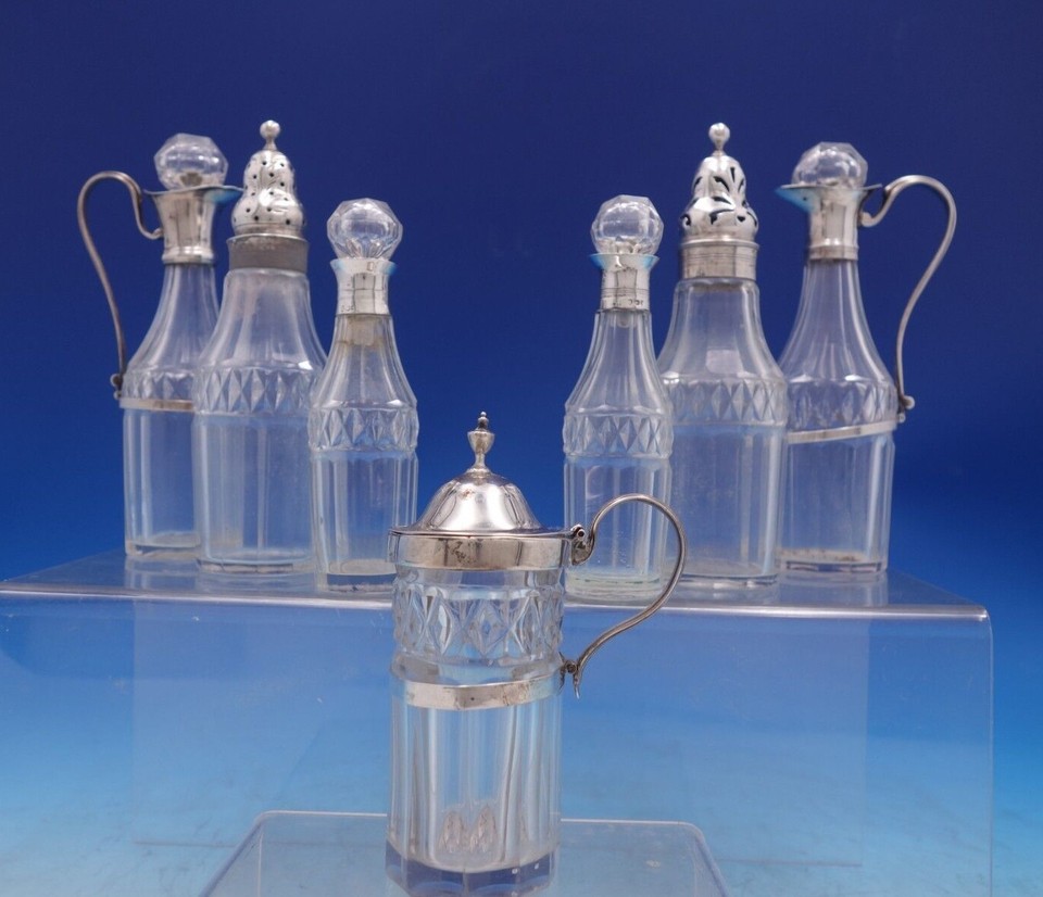 English Georgian Sterling Silver Cruet Set 7pc w/ Stand Pierced Footed ...