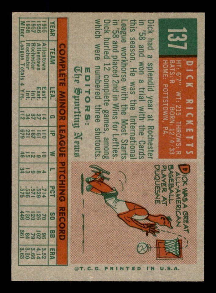 1959 Topps Baseball #137 Dick Ricketts NM | eBay
