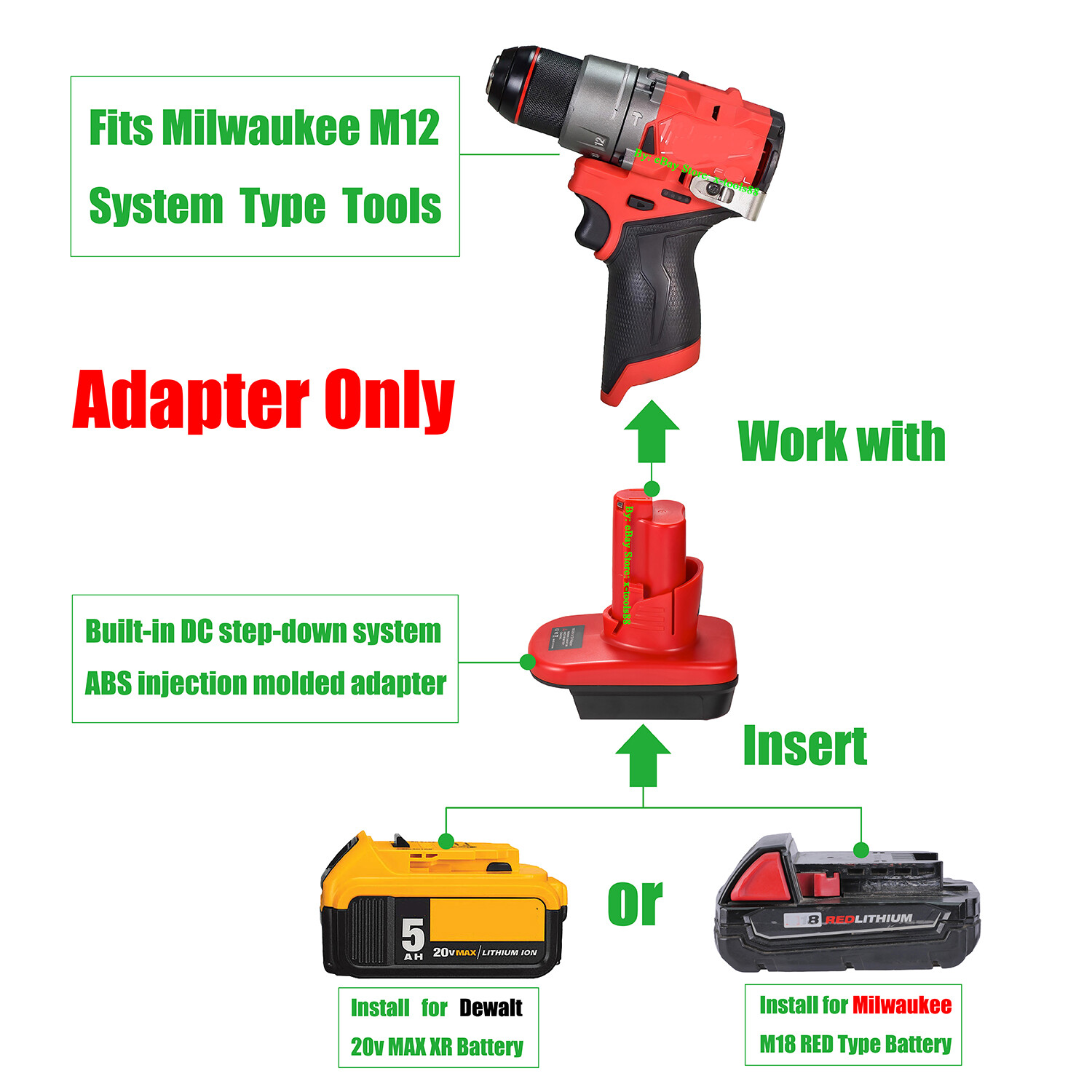 1 Adaptor for Milwaukee M12 Tool To DeWalt 20v MAX XR or Milwaukee M18 ...