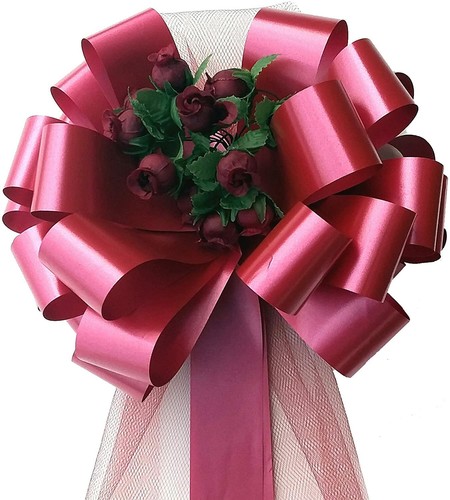 Burgundy Wedding Pull Bows with Tulle Tails and Rosebuds - 8" Wide, Set ...