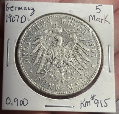 Silver Germany 1907-D 5 Mark Bavaria (Funf Mark) KM#915 World Silver ...