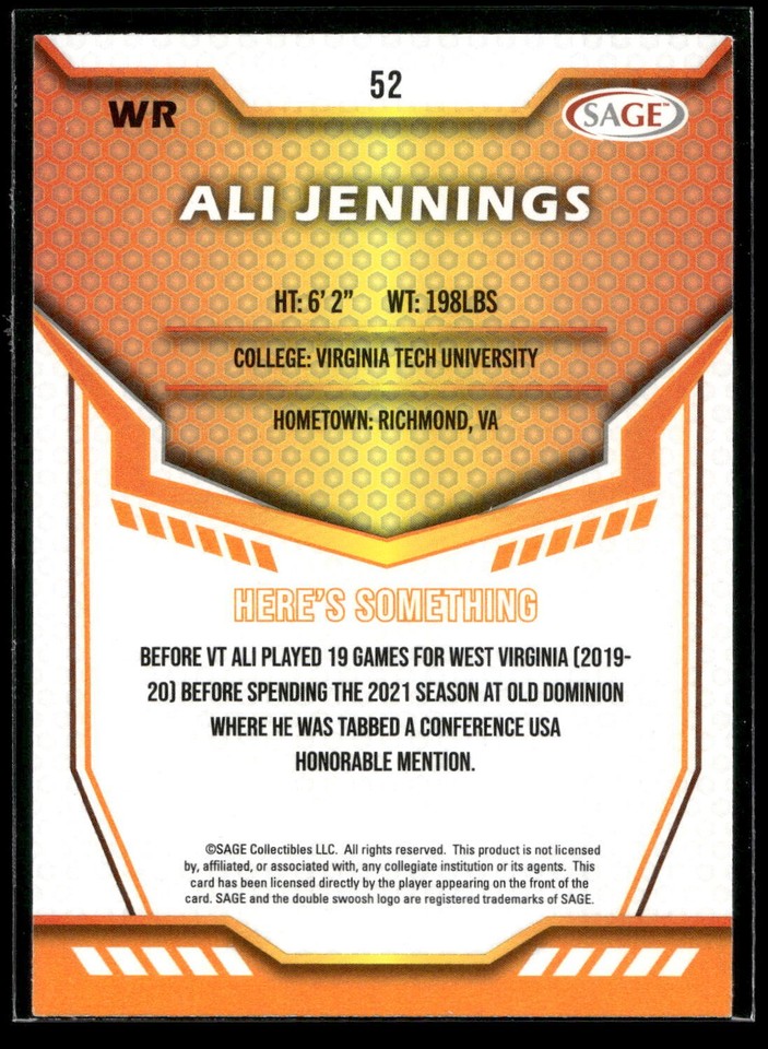 2024 SAGE Low Series Ali Jennings BASE CARD Virginia Tech Hokies #52 | eBay
