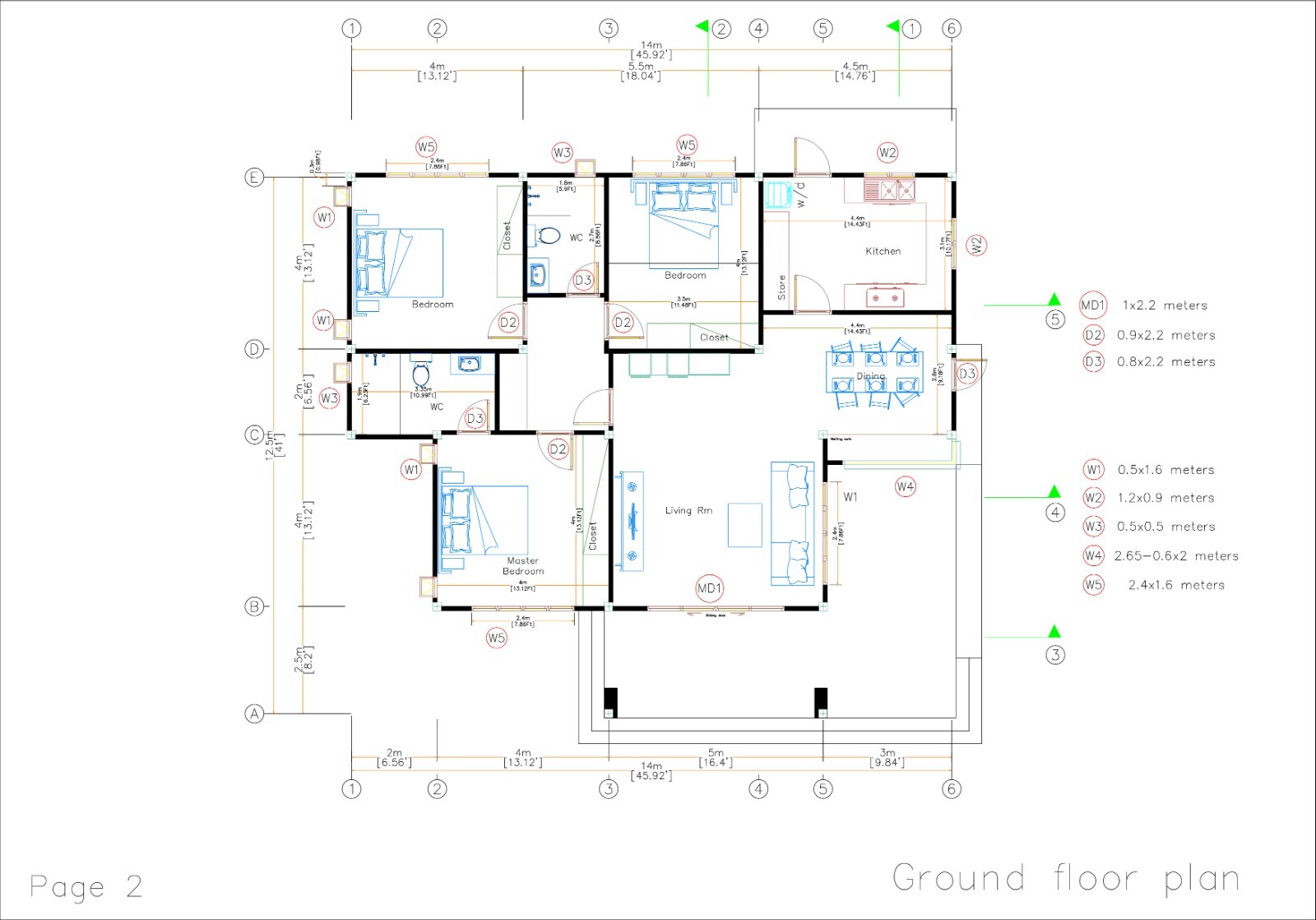 46x41 Feet House Plan 14x12.5 Meter 3 Beds 2 Baths Hip Roof PDF (A4 ...