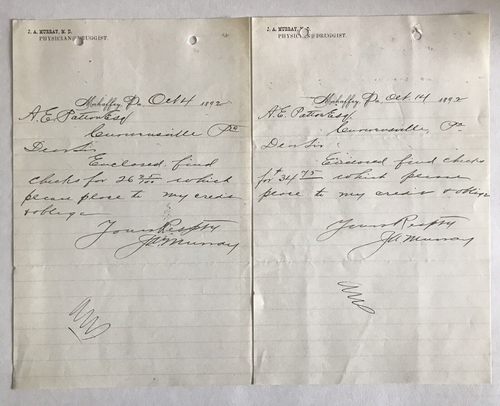 ANTIQUE 1892 HANDWRITTEN LETTERS(2)of PAYMENT-J.A. MURRAY M.D ...
