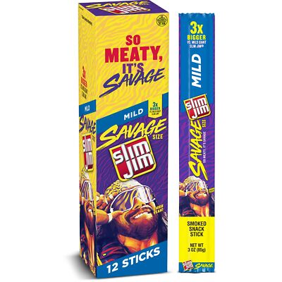 Slim Jim Savage Mild Meat Sticks 3oz Pack of 12 Giant Protein Snacks | eBay