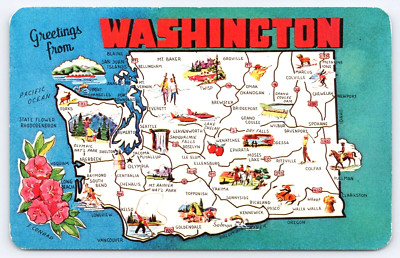 Postcard Washington The Evergreen State Map And Points of Interest Card ...