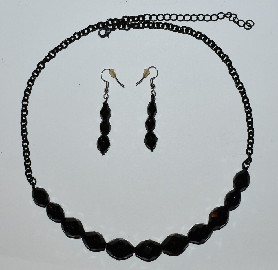 Antique 1930s Faceted Black Jet Beads Necklace and Earrings Artisan ...