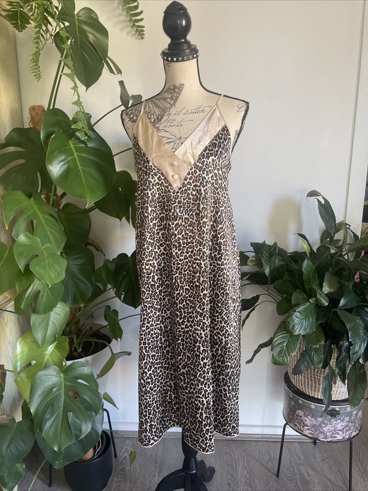 Vintage Leopard Cheetah Print Satin Full Length Gown Slip Dress 12 Goth ...