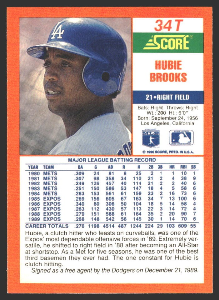 Hubie Brooks #34T 1990 Score Rookie & Traded Los Angeles Dodgers | eBay