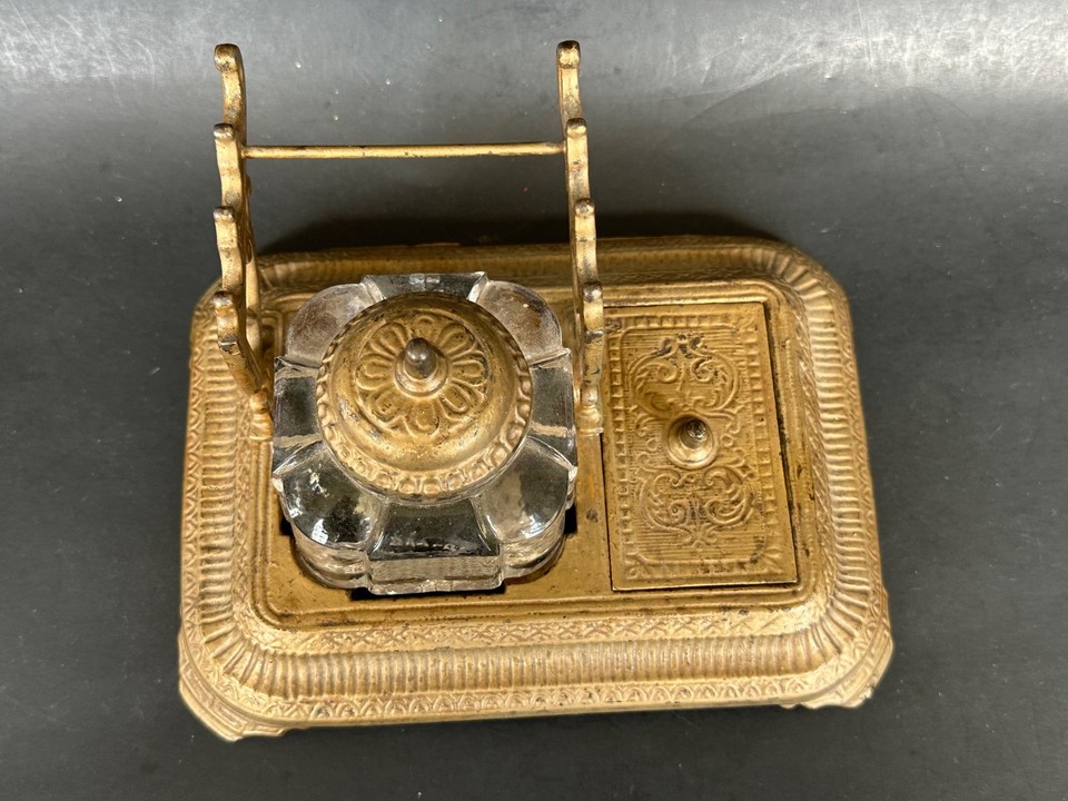 Vintage Metal Pen Rack Stand with Glass Inkwell & Postage Stamp ...