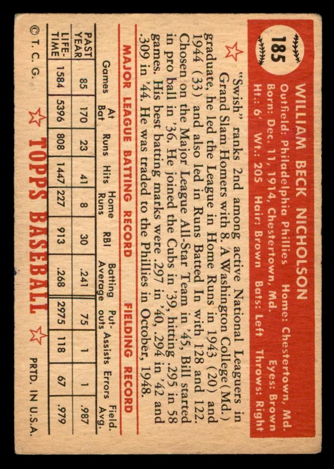 1952 Topps Baseball #185 Bill Nicholson VG *d2 | eBay