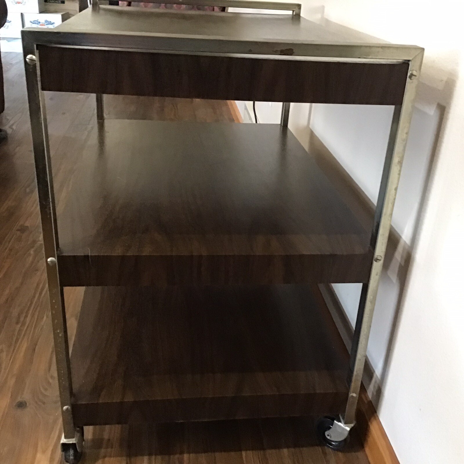 3 Tier Rolling TV Cart Record Bar Casters Metal Faux Wood MCM 29”x 19”x ...