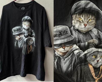 Men's Gangsta Cat Trio Black Graphic Tee with Short Sleeves Sz 3 XL Hug ...
