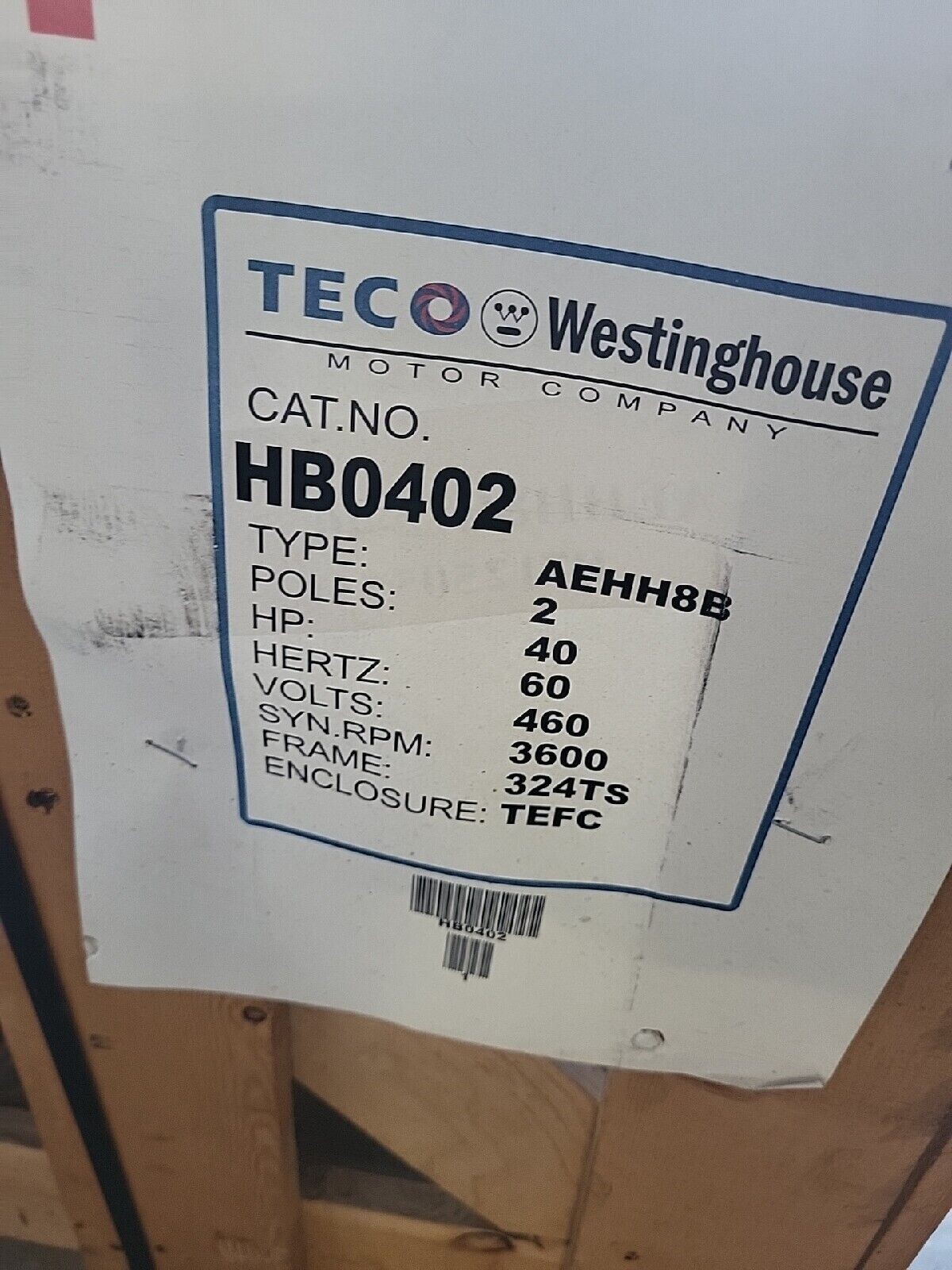 Teco-Westinghouse HB0402 AEHH8B MAX-E2/841 HP: 40 RPM: 3600 FRAME ...
