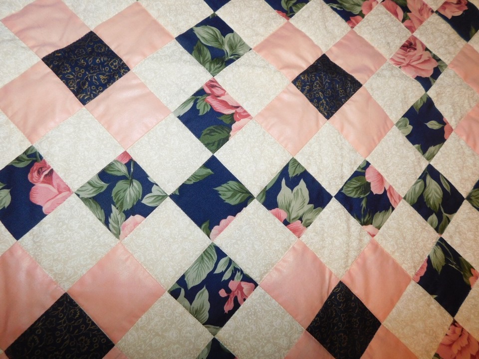 Handmade Diamond Patch Quilt Pink Roses 34 x 35" | eBay