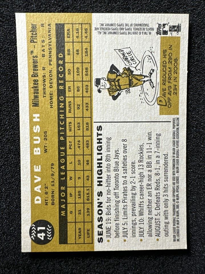 DAVE BUSH #41 2009 Topps Heritage Milwaukee Brewers QTY | eBay