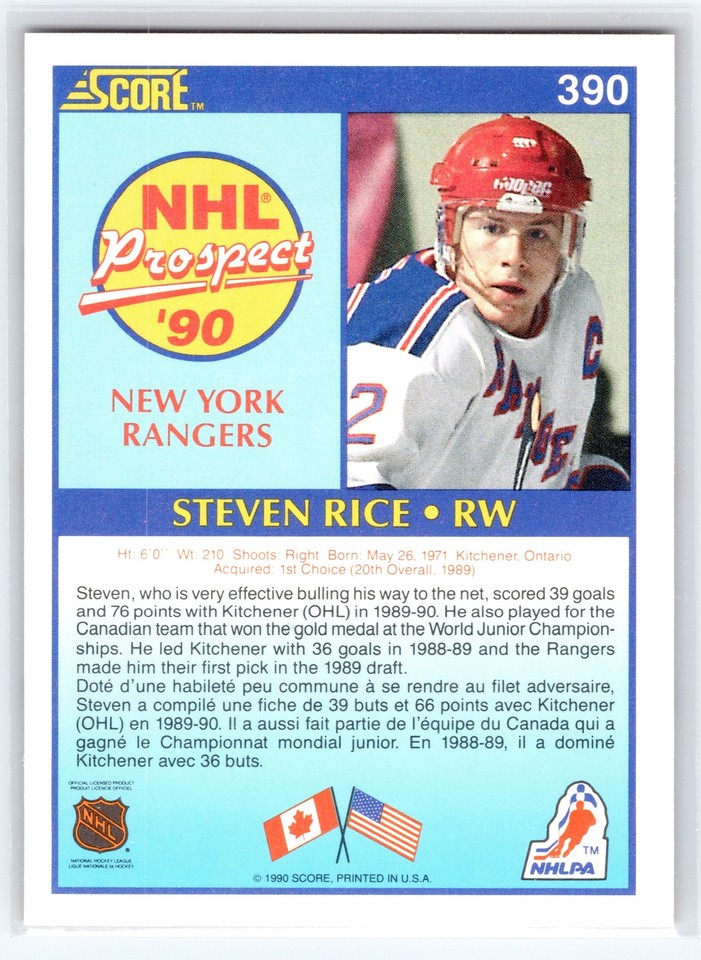 1990 Score Canadian #390 Steven Rice Hockey New York Rangers Rookie | eBay