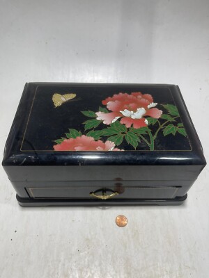 VTG Asahi Musical Japanese Lacquered Square Floral Butterfly Jewelry ...