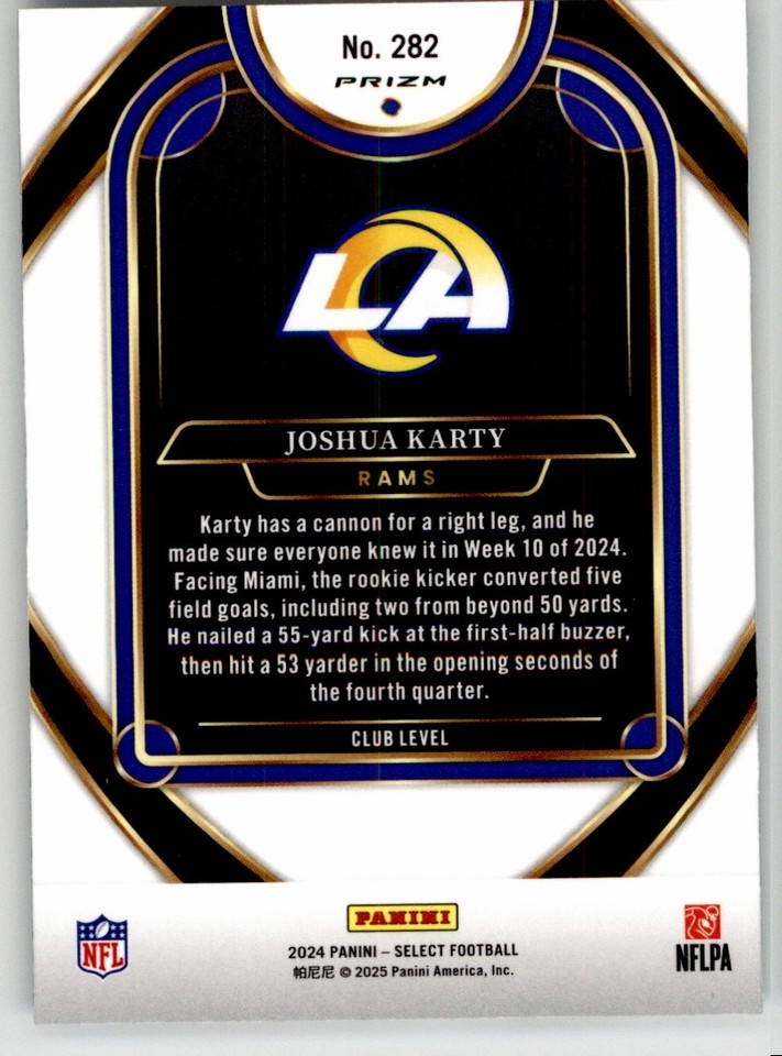 Joshua Karty 2024 Select Red & Yellow Prizm Shock 282 Los Angeles Rams ...