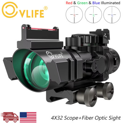 4X32 Tactical Rifle Scope Tri-Illuminated Reticle ACOG Scope W/Fiber ...