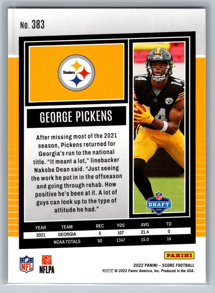 2022 Score Football #383 George Pickens RC Pittsburgh Steelers | eBay