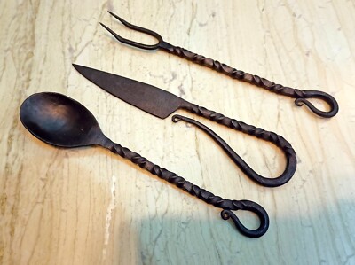 Medieval Cutlery Set Hand Forged Iron Spoon, Knife & Fork Viking Feast ...