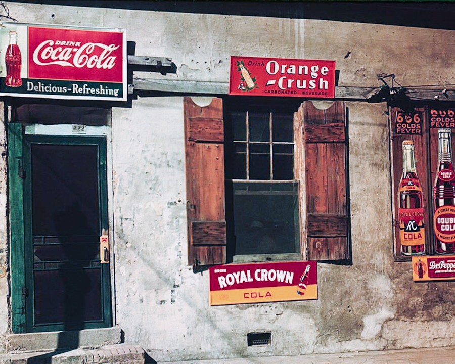 Color 8x10 of Advertising signs on a corner store in Natchez, MS, circa ...