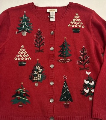 VTG Talbots Red Beaded Christmas Tree Cardigan Sweater- Large Ladies | eBay