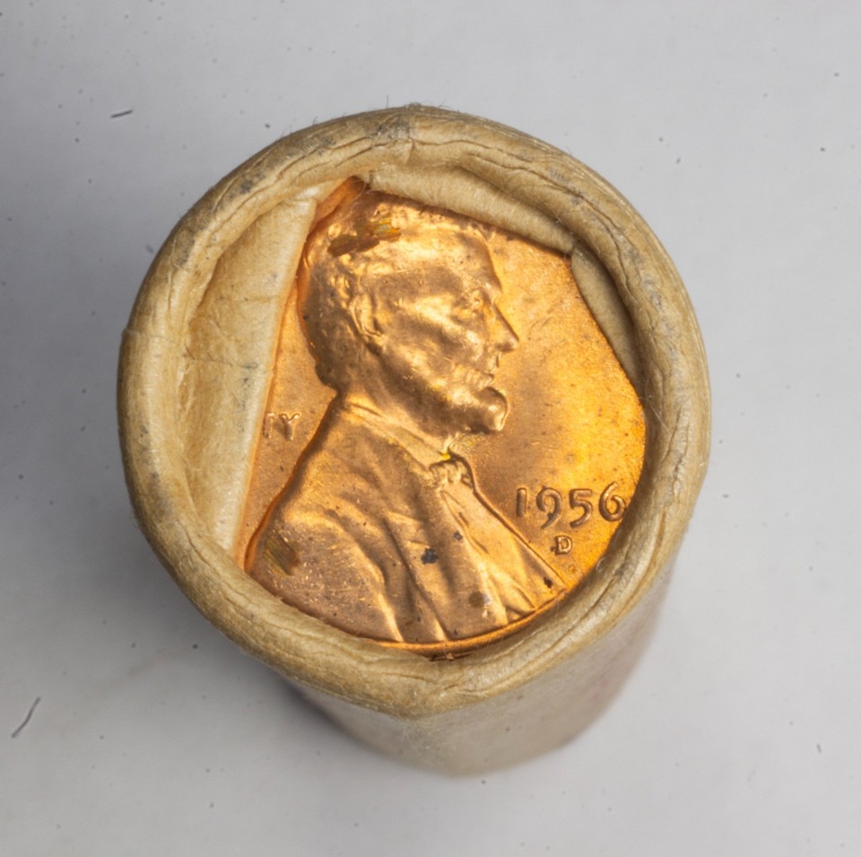 1956-D Lincoln Wheat Cent Penny Roll GEM RED Uncirculated in Old FOIL ...