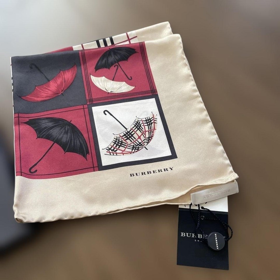 BURBERRY Scarf Umbrella Print 70x70cm Silk Cream Red Black White New ...