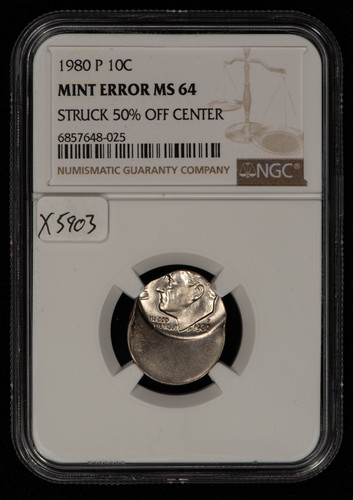 1980-P 10c Roosevelt Dime Mint Error Struck 50% Off-Center - NGC MS 64 ...