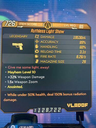 Lvl 65 M10 Anointed Light Show Pistol 50150 Rad Any Element Choose BL3 ...