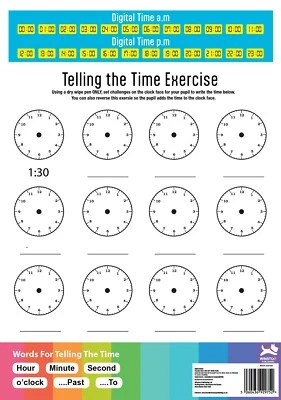 Learn to Tell The Time Wall Clock A3 | Grelly UK
