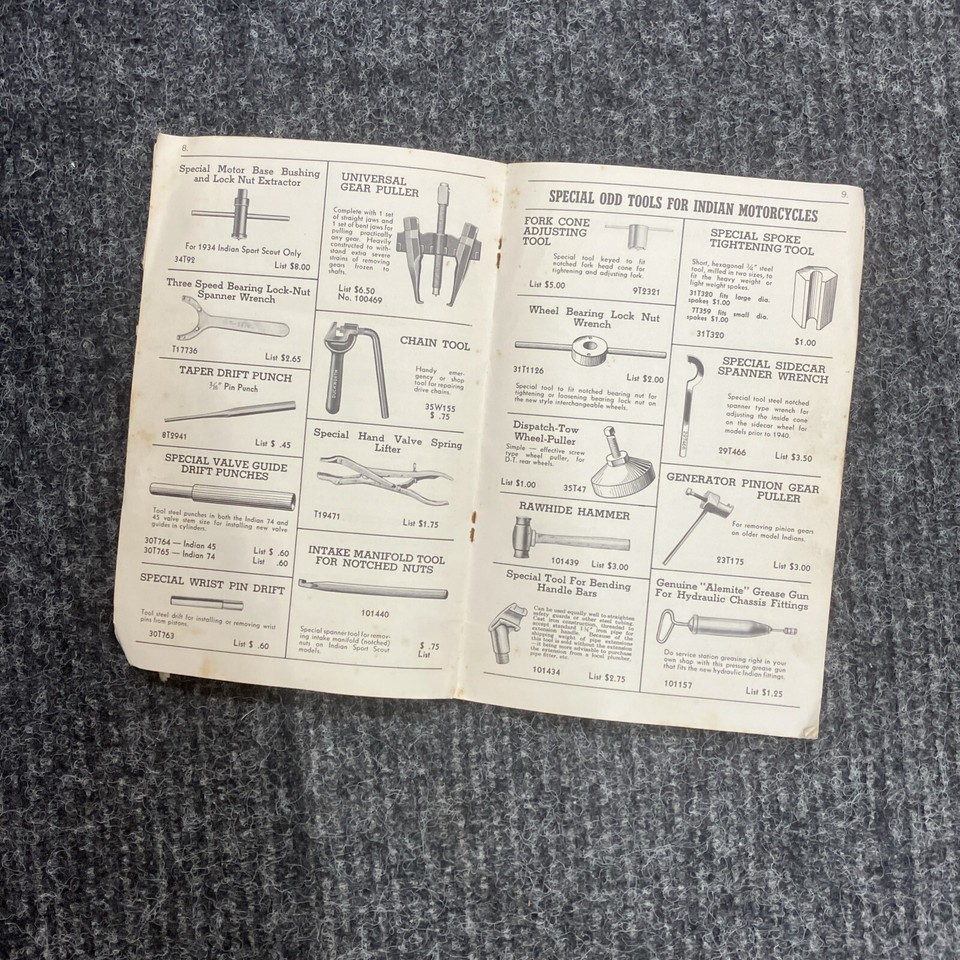 Vintage Indian Motorcycle Special Tools Catalog | eBay